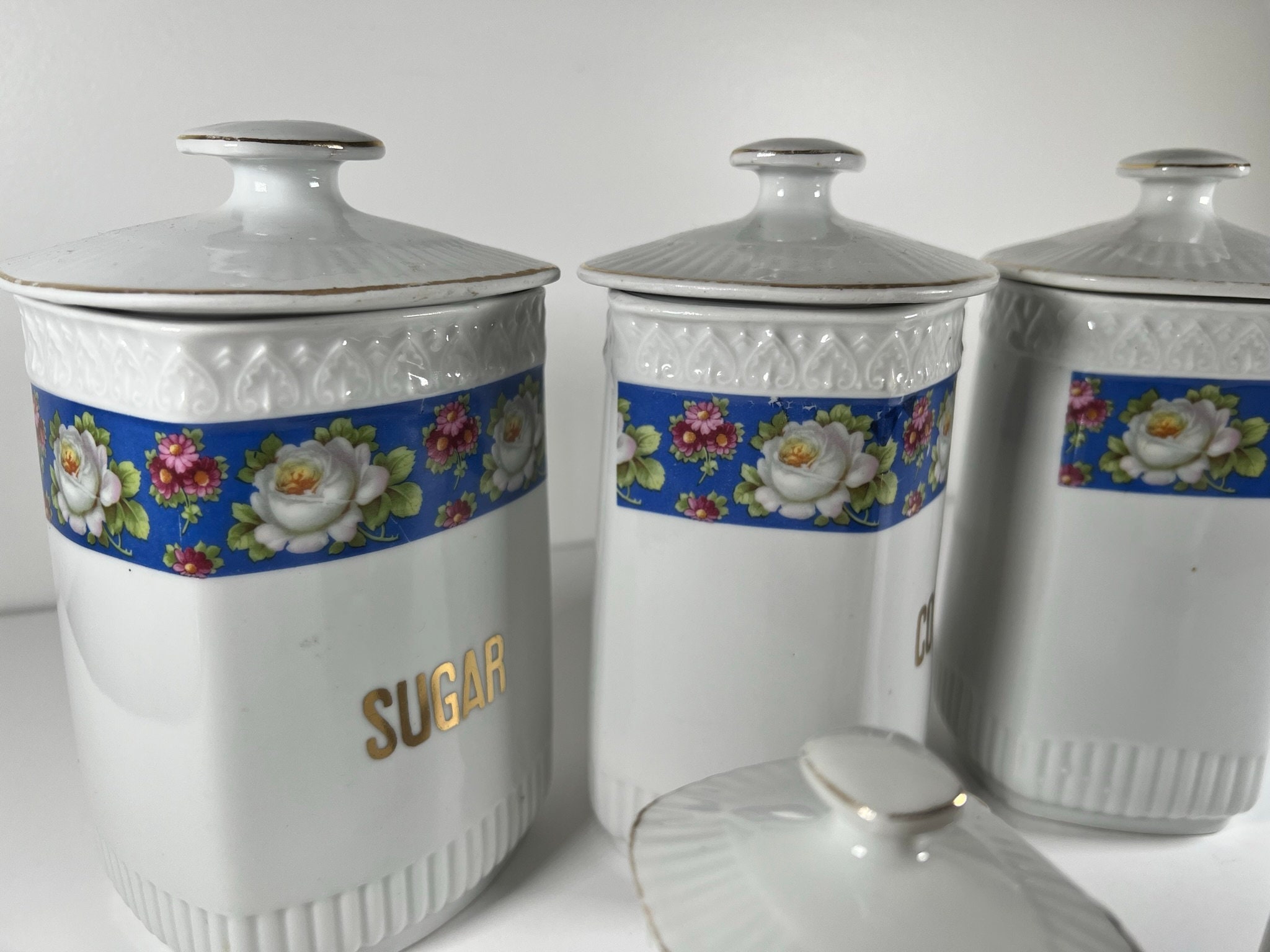 Vintage White Block Germany Floral Blue Band Canister Set of 5 - Etsy