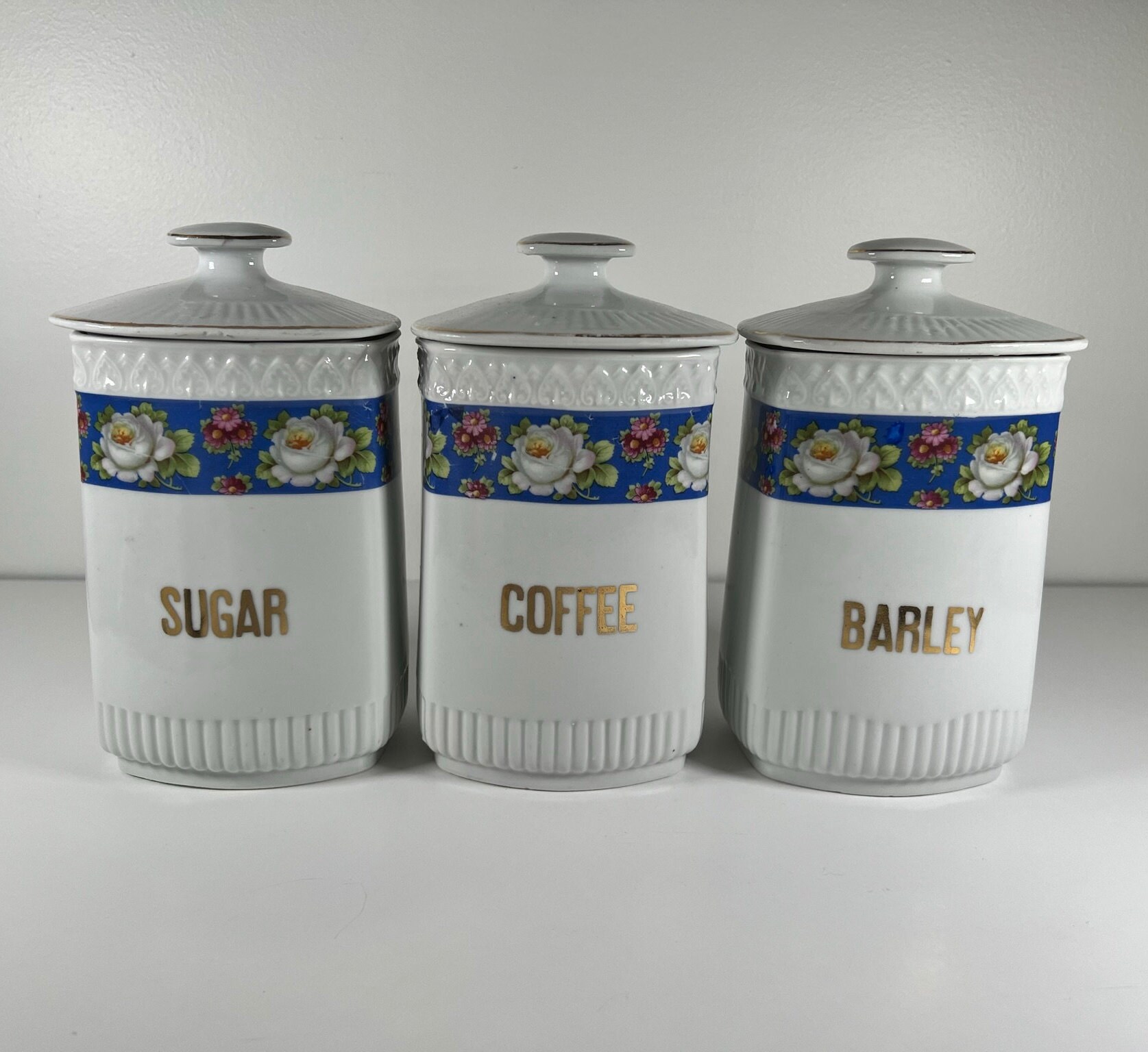 Vintage White Block Germany Floral Blue Band Canister Set of 5 - Etsy