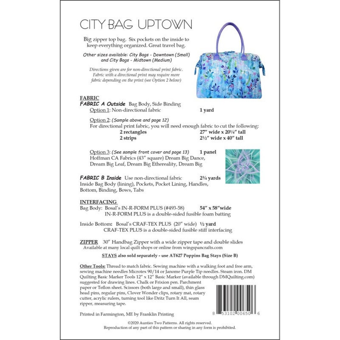 UPTOWN BAG Sewing Pattern Auntie's Two Patterns AT650 | Etsy