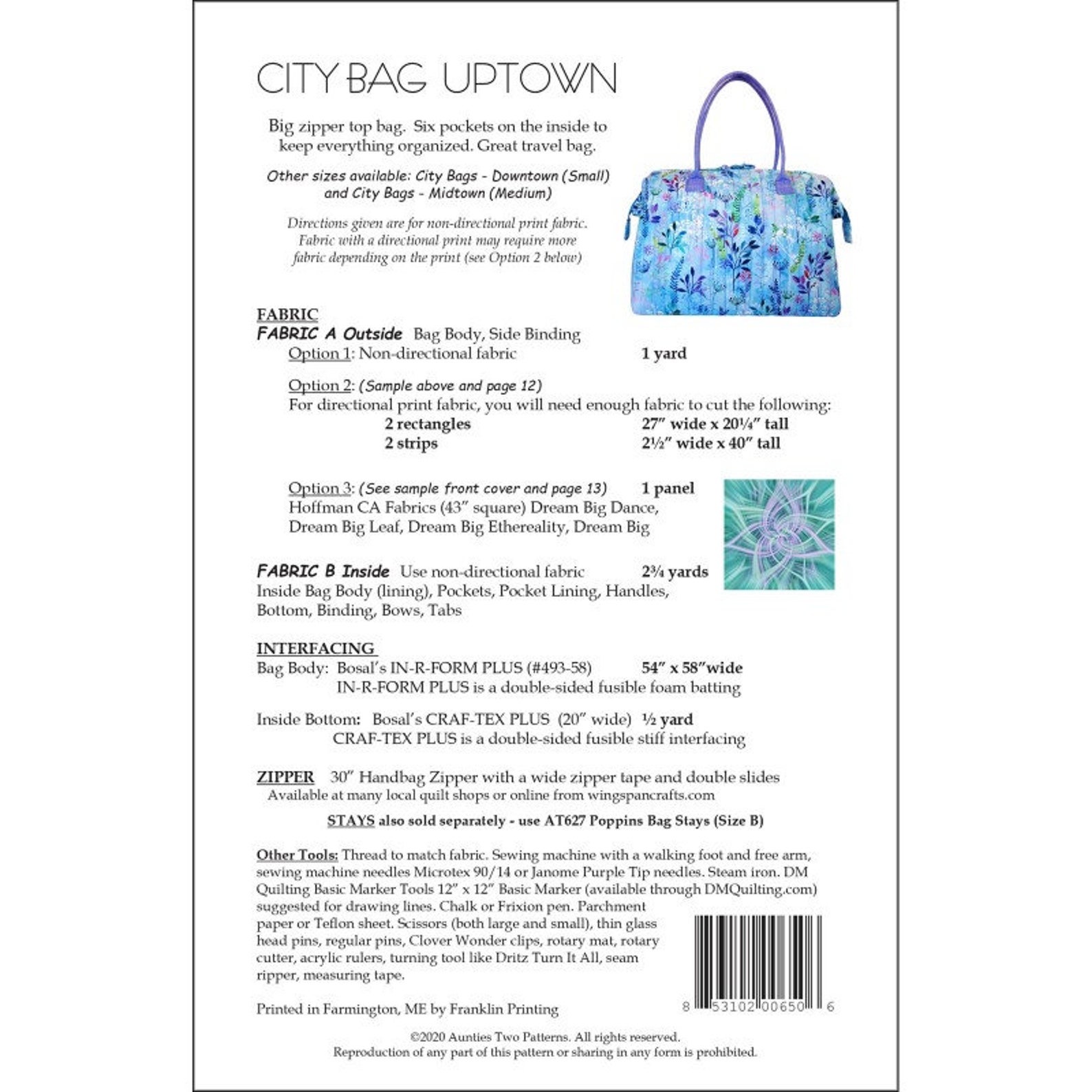 UPTOWN BAG Sewing Pattern Auntie's Two Patterns AT650 | Etsy
