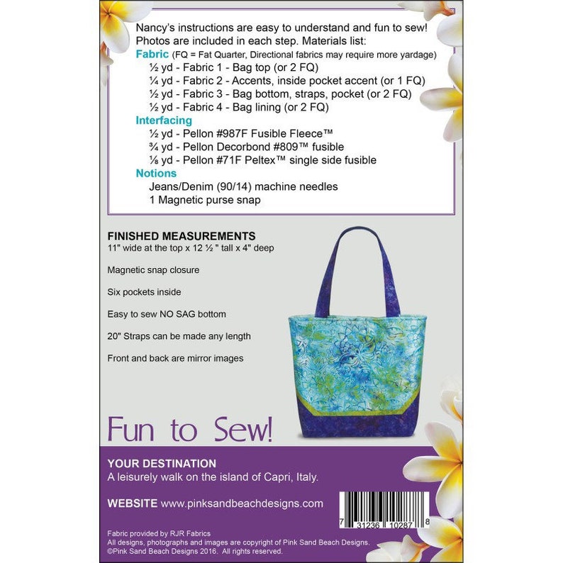 CAPRI CARRYALL Sewing Pattern - Pink Sand Beach Designs 127 Nancy Green ...