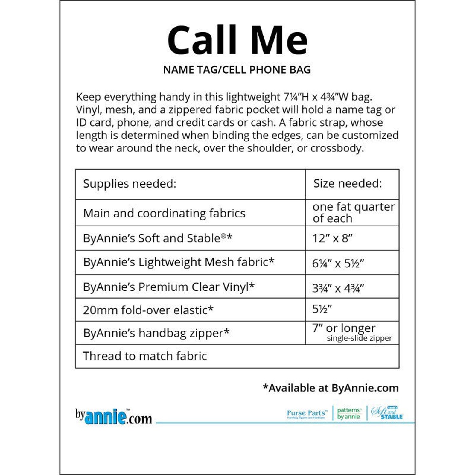 CALL ME Sewing Pattern Byannie.com Simple Project Quick | Etsy