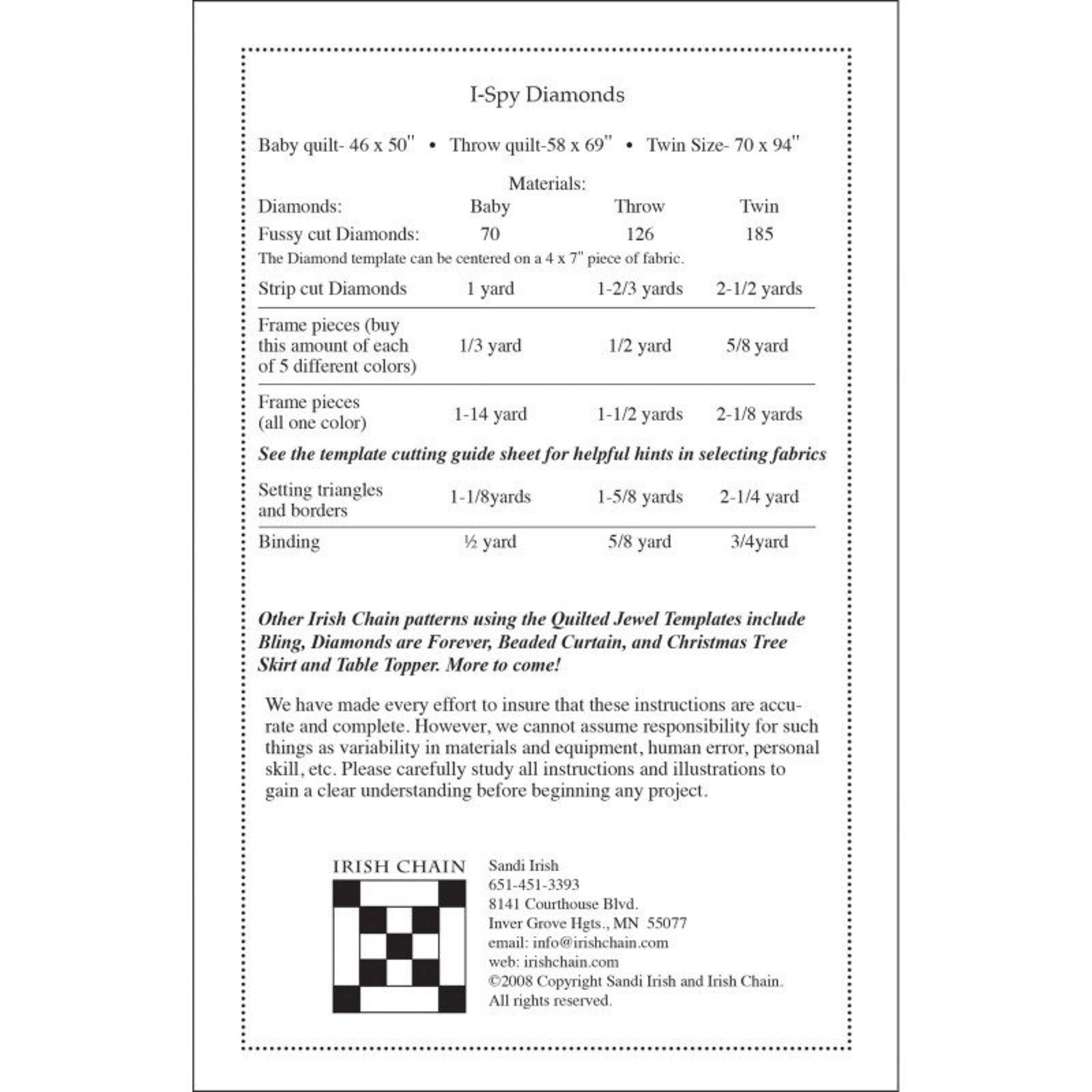 I SPY DIAMONDS Quilt Pattern Irish Chain Sandi Irish | Etsy