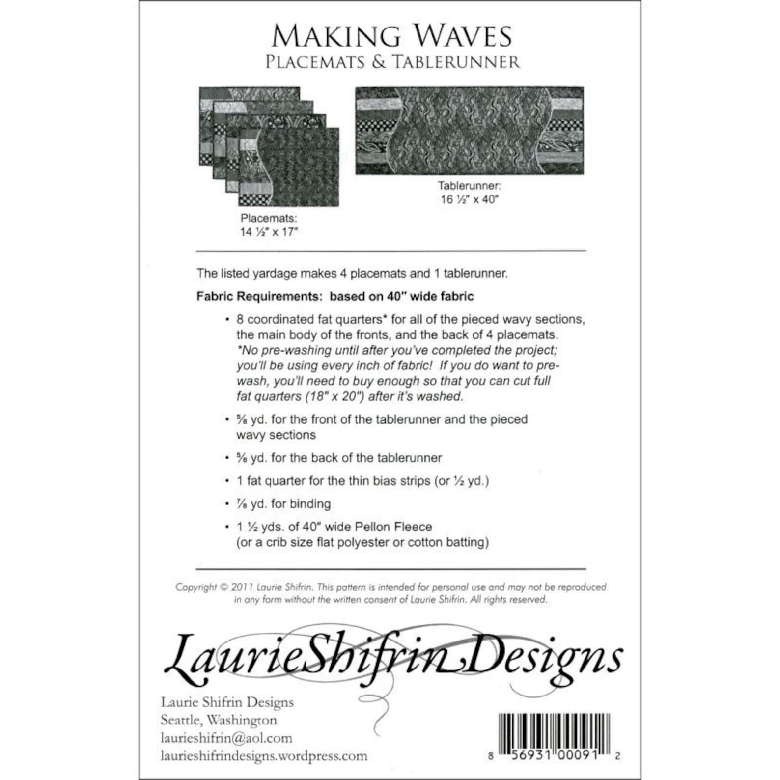 MAKING WAVES Placemats & Table Runner Pattern - Laurie Shifrin Designs - LSD014 - Fat Quarter ...