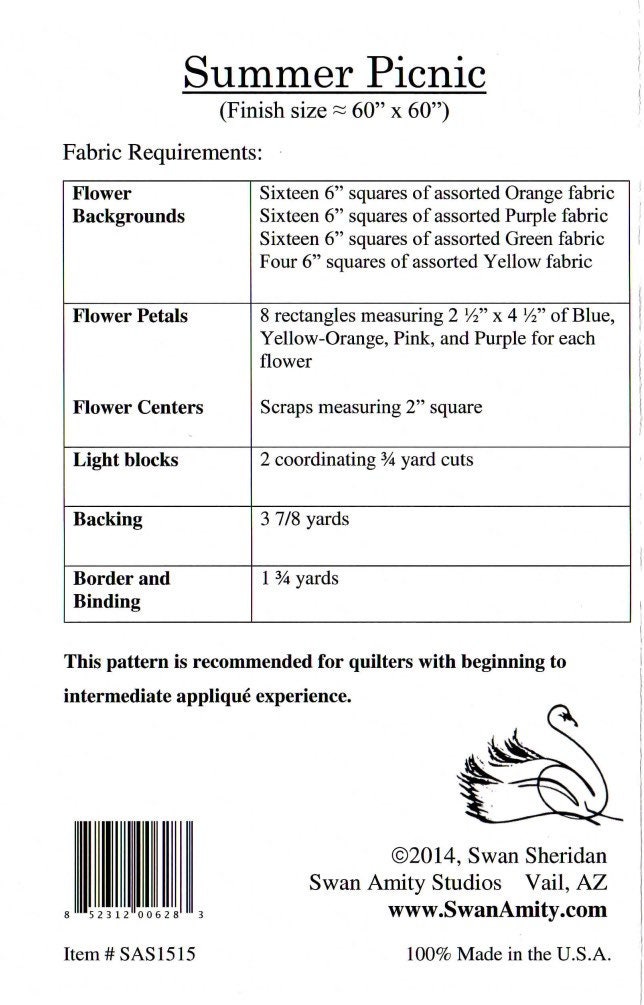 Craft Supplies & Tools SUMMER PICNIC Quilt Pattern by Swan Sheridan For ...