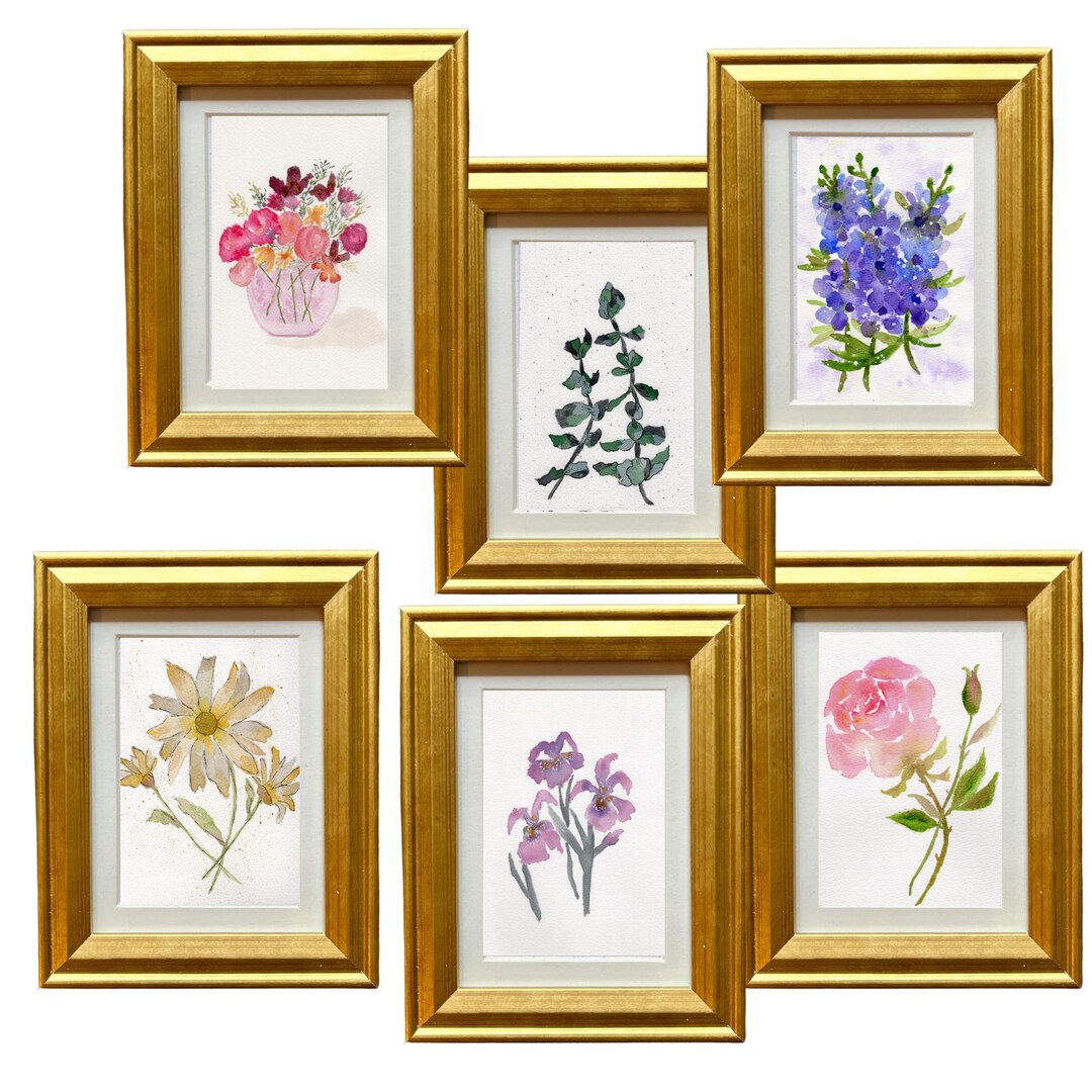 Choice of 18 Mini Gold Framed Painting, Watercolor Flower Print, Mini ...