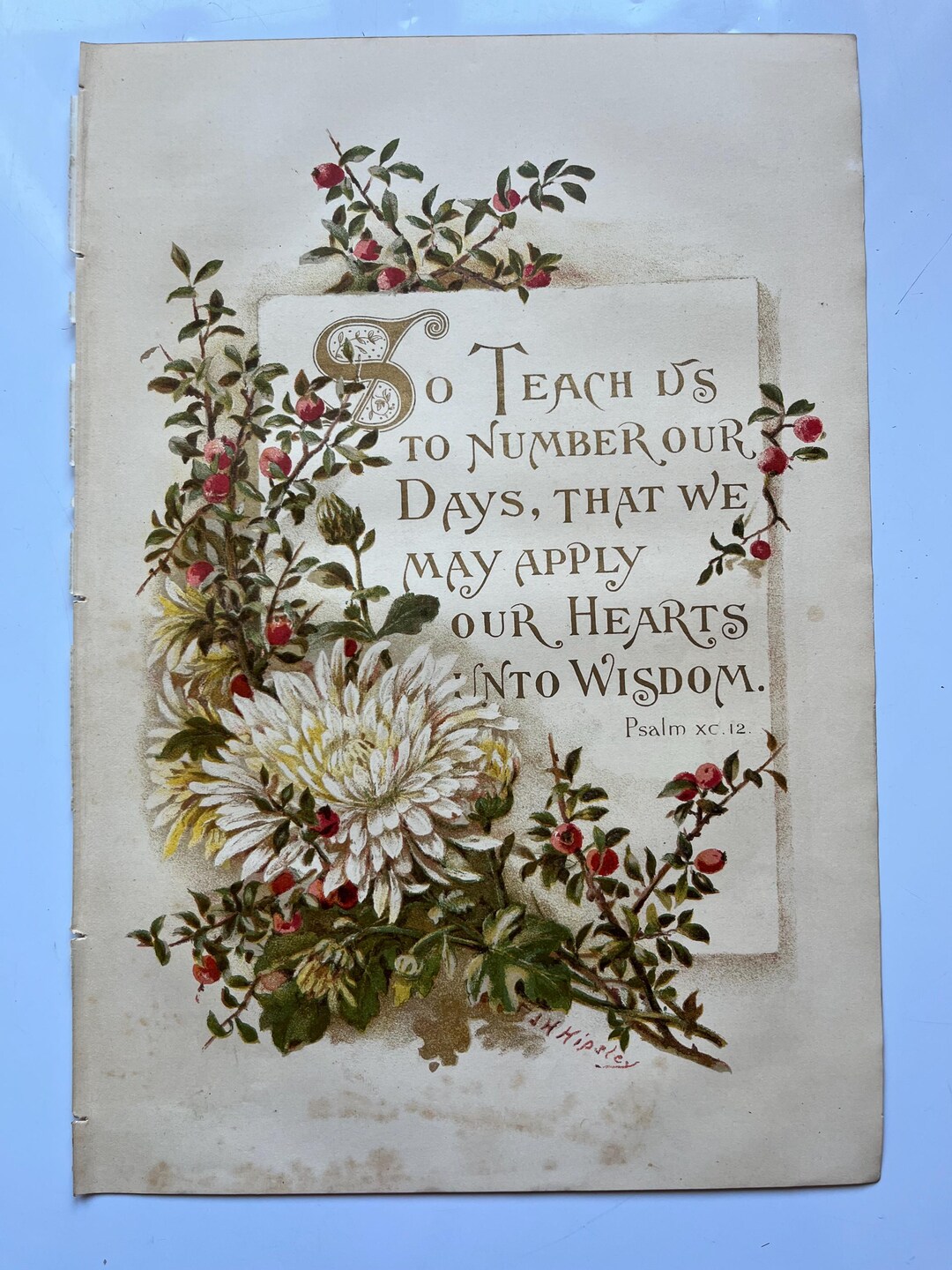 GENUINE ANTIQUE Illustrated Bible Verse Psalm 90 Verse 12 "so Teach Us ...