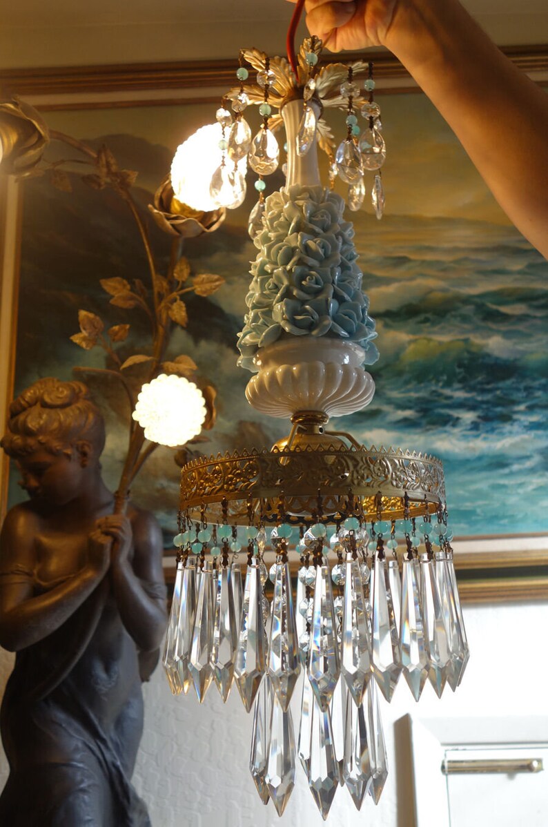 Porcelain Blue Rose Brass Chandelier Swag Vintage Lamp Crystal - Etsy