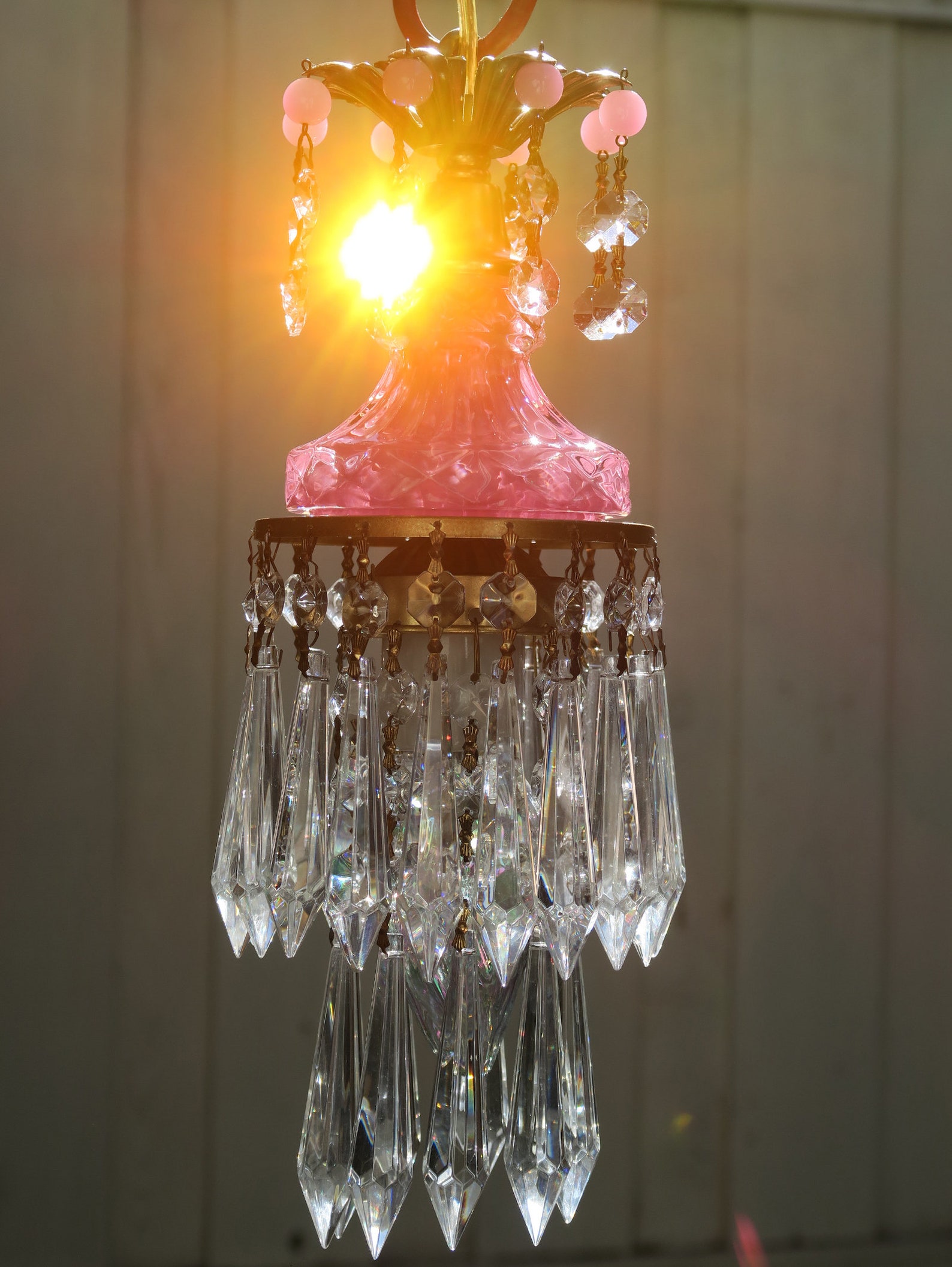 Vintage Rose Pink Lady Cupcake Glass Crystal Brass Ceiling Mount With ...