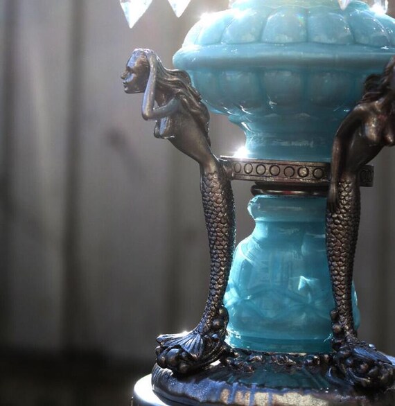 Mermaid Swag Lamp Chandelier Blue Glass Tole Silver S… - Gem