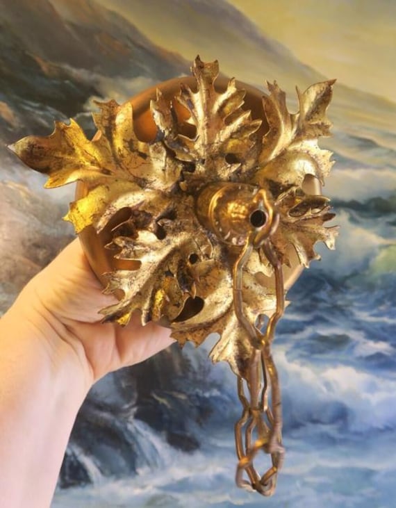 Vintage Tole Acanthus Ceiling Canopy Chain Lamp Chand… - Gem