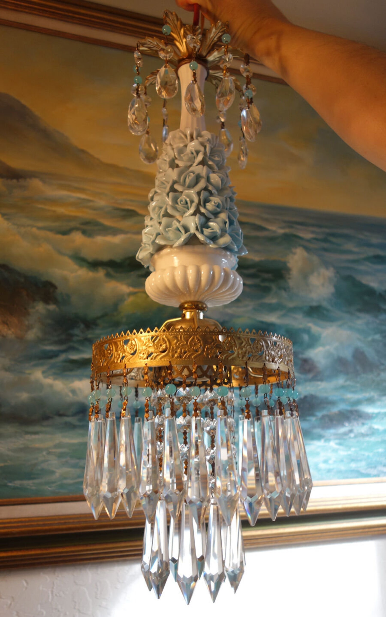 Porcelain Blue Rose Brass Chandelier Swag Vintage Lamp Crystal - Etsy