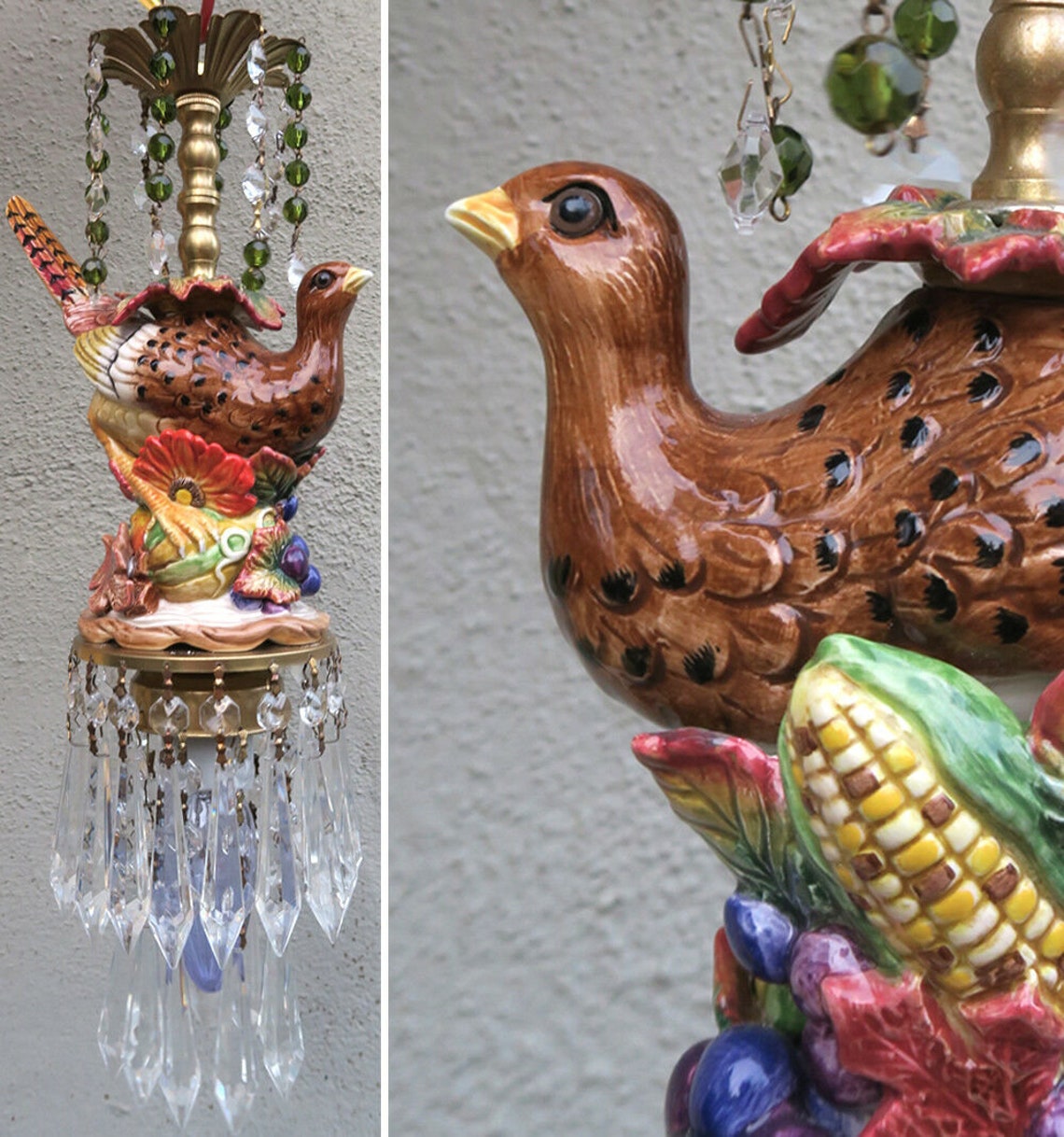 Pheasant Bird SWAG Lamp Chandelier Glass brass porcelain | Etsy