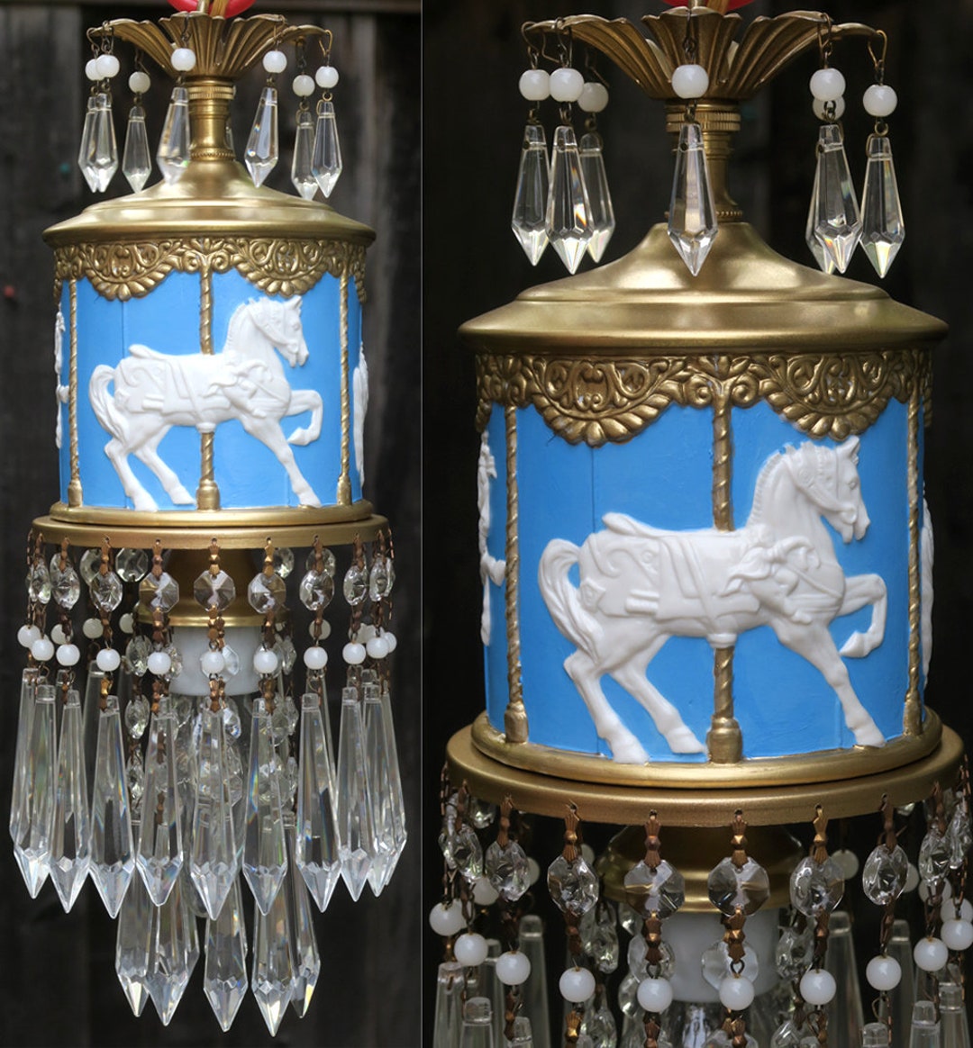 1 Gold Porcelain Carousel Horse Lamp SWAG Chandelier Vintage Merry Go ...