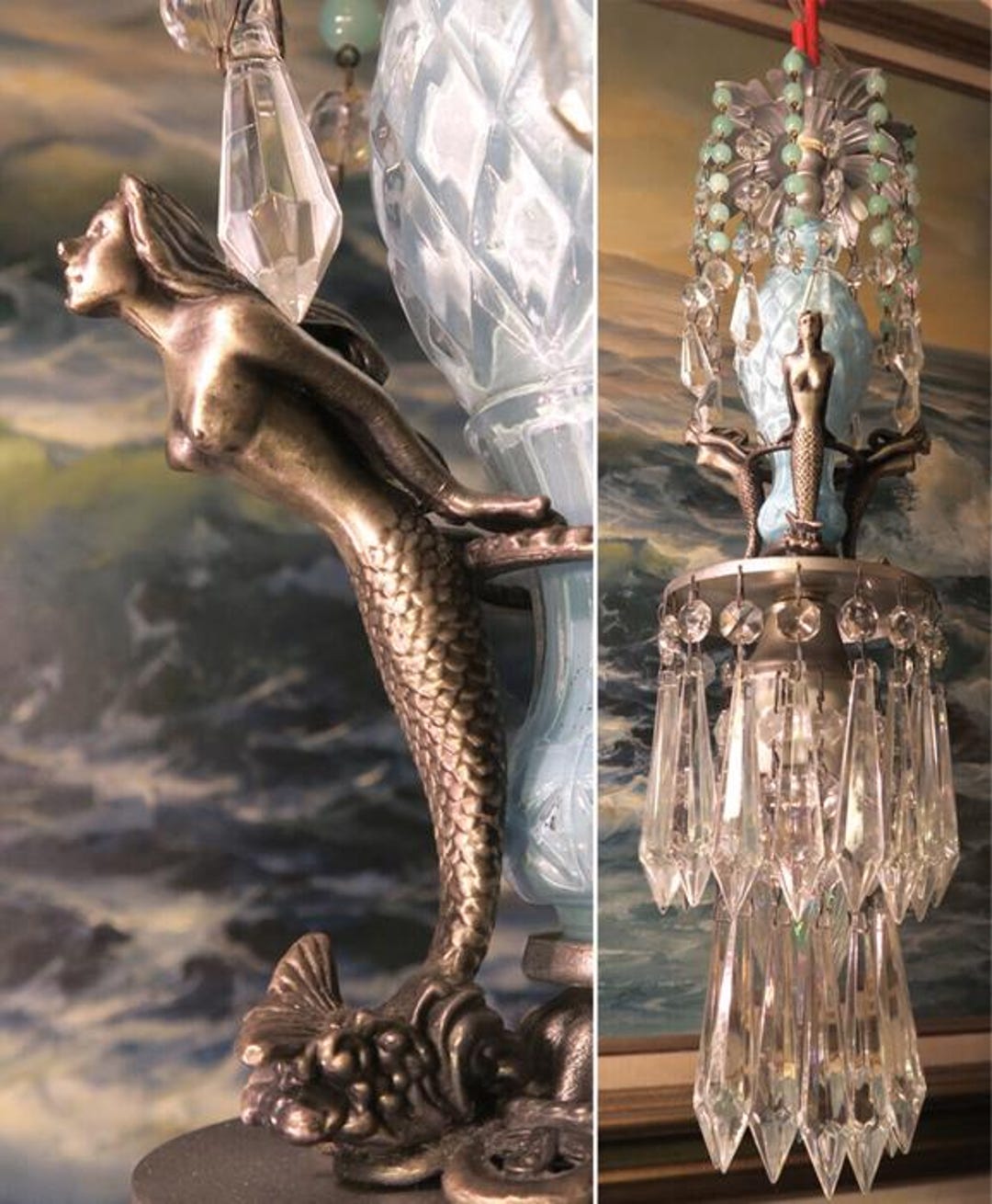 Sale Mermaid Ceiling Canopy Lamp Chandelier Glass Brass Crystal Bead ...