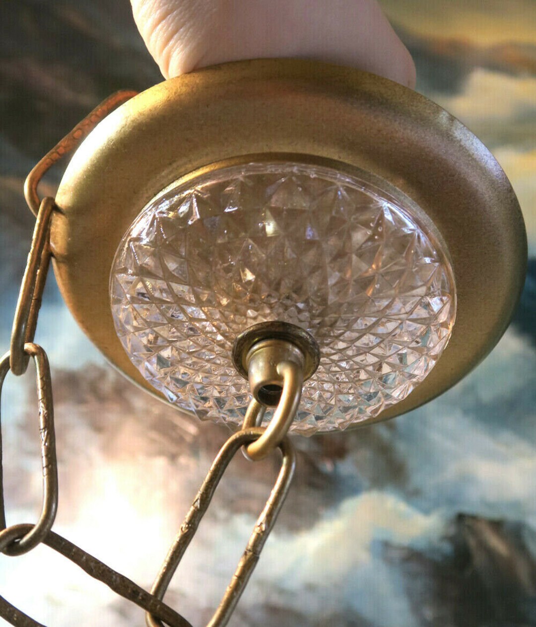 Canopy Ceiling Cap Part Tole Brass Vintage Pressed Glass Lamp ...