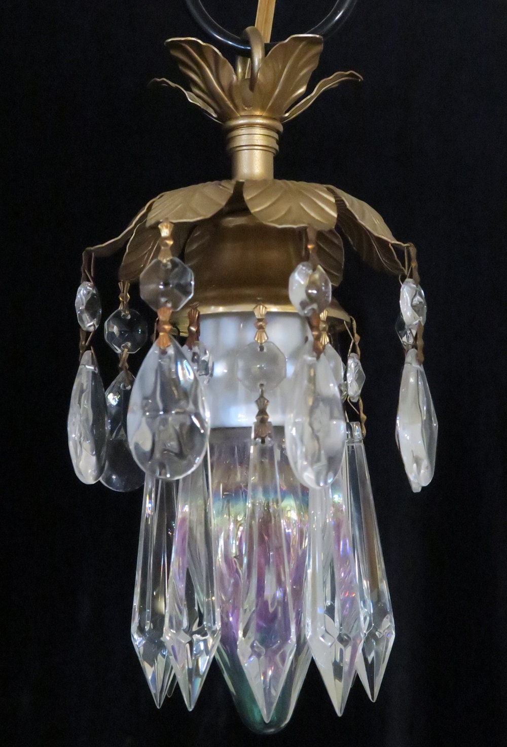 Hanging Mini Lamp Chandelier Crystal Prism Brass Tole Pendant Flower ...