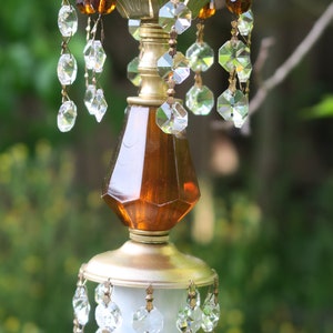 Lucite Amber Color Swag Lamp Chandelier Crystal Beaded Prisms 9' Cord ...