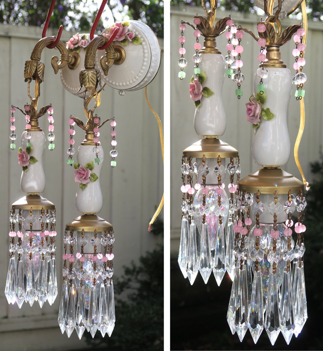 Pair Sconces Lamp Pink Barbola Rose Porcelain Beaded Brass Tole Opaline ...