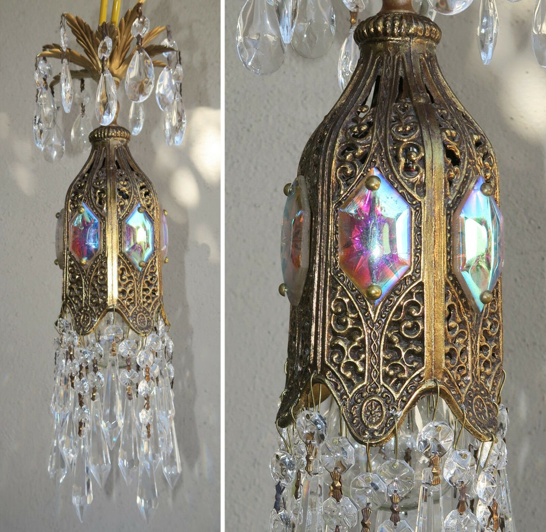 1 Jeweled Tulip Lily Swag Crystal Lamp Chandelier Vintage Brass Aurora ...