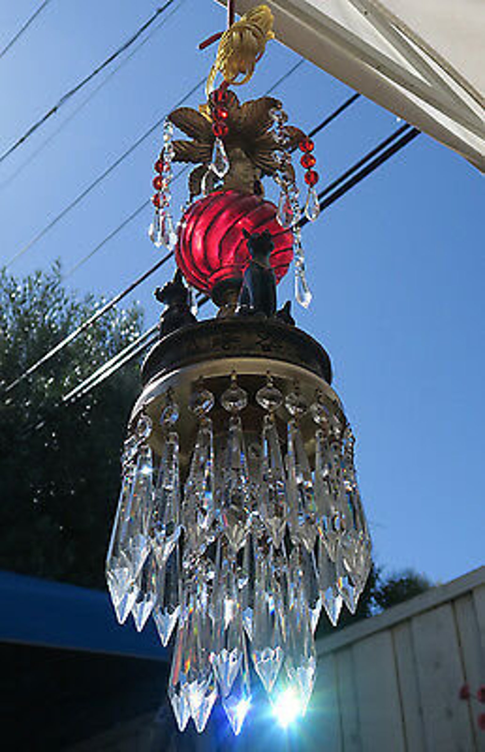 1 Egyptian Cat Chandelier Swag Lamp Ruby Glass Brass Tole Beaded ...