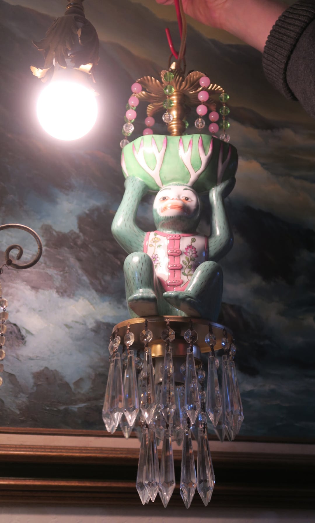 Chandelier Swag Plugin Lamp Monkey Enamel Porcelain Brass Vintage ...