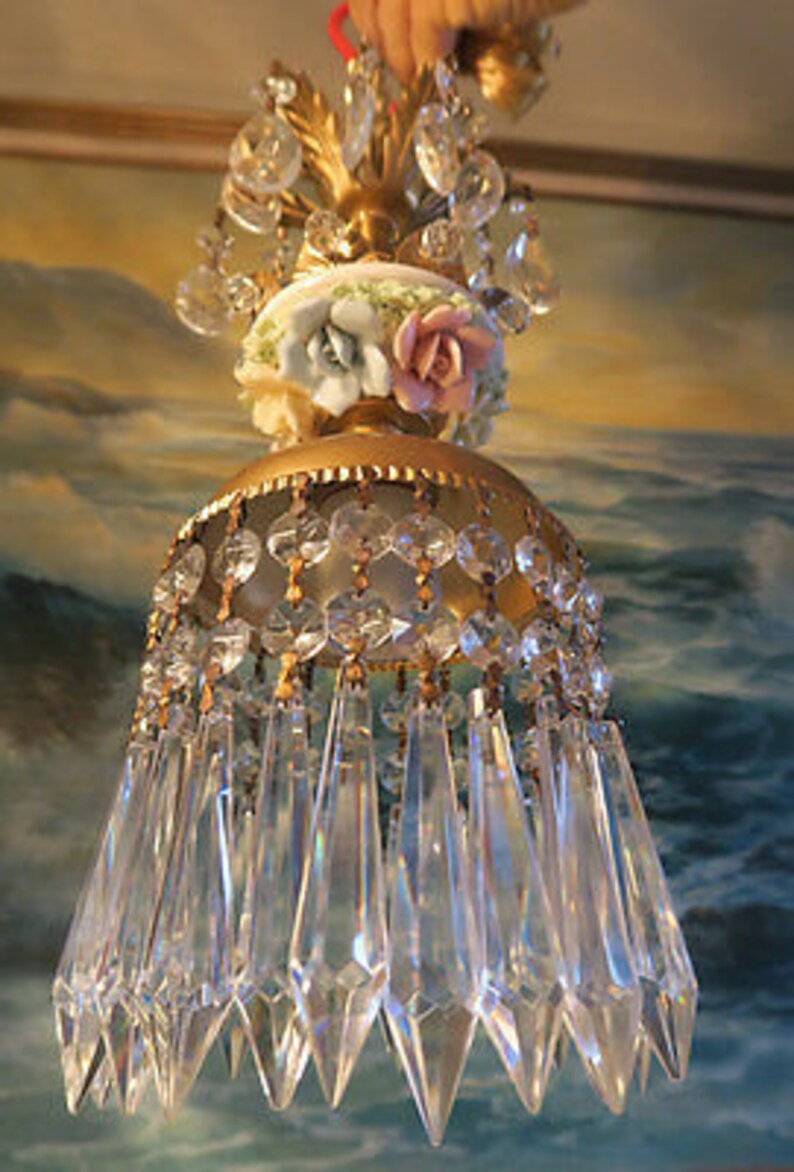 1 Porcelain Beaded Rose Brass Chandelier Swag Vintage Lamp Crystal ...