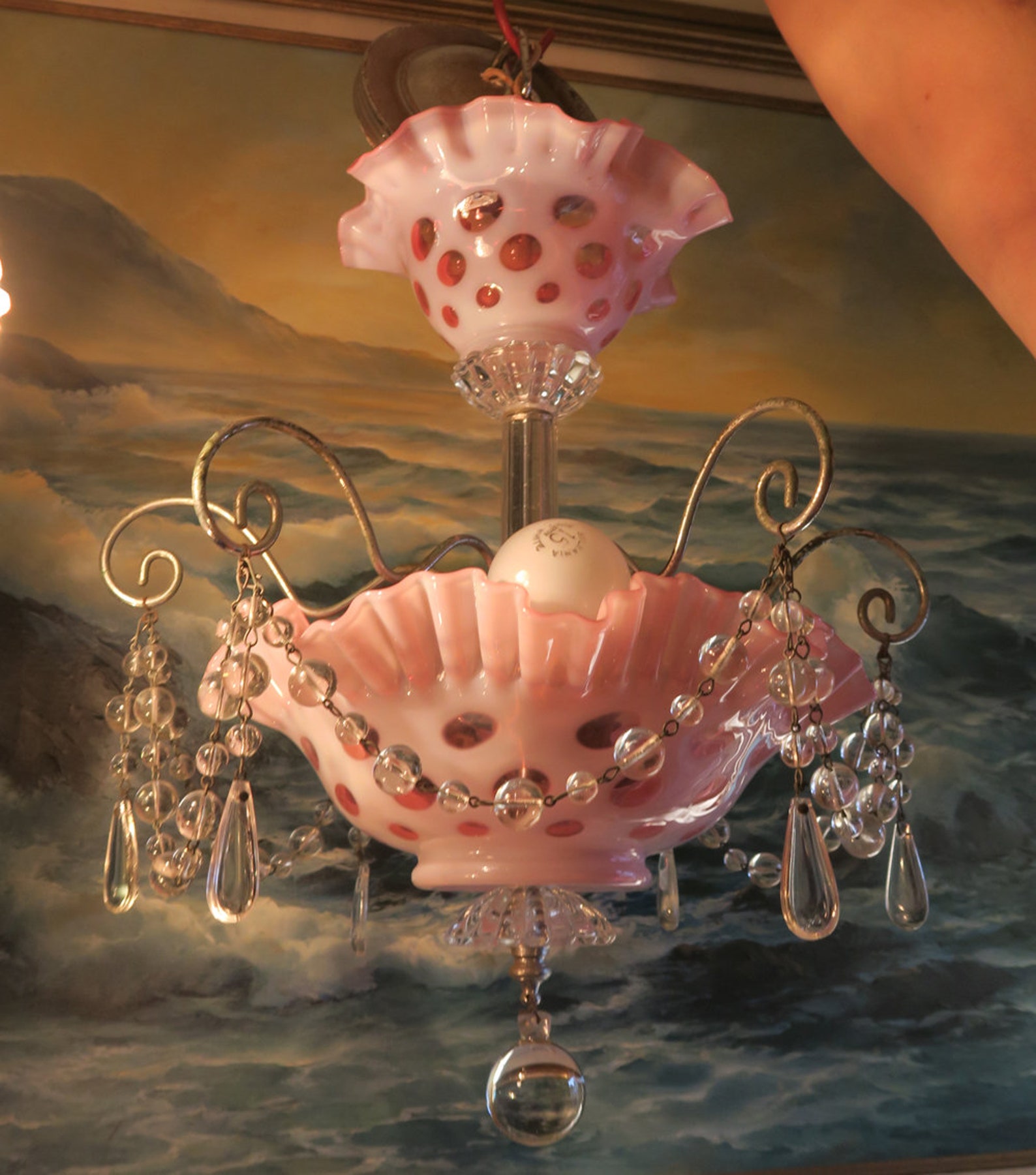 Fenton Coin Dot Lamp Vintage Brass Chandelier Cranberry Victorian Era ...