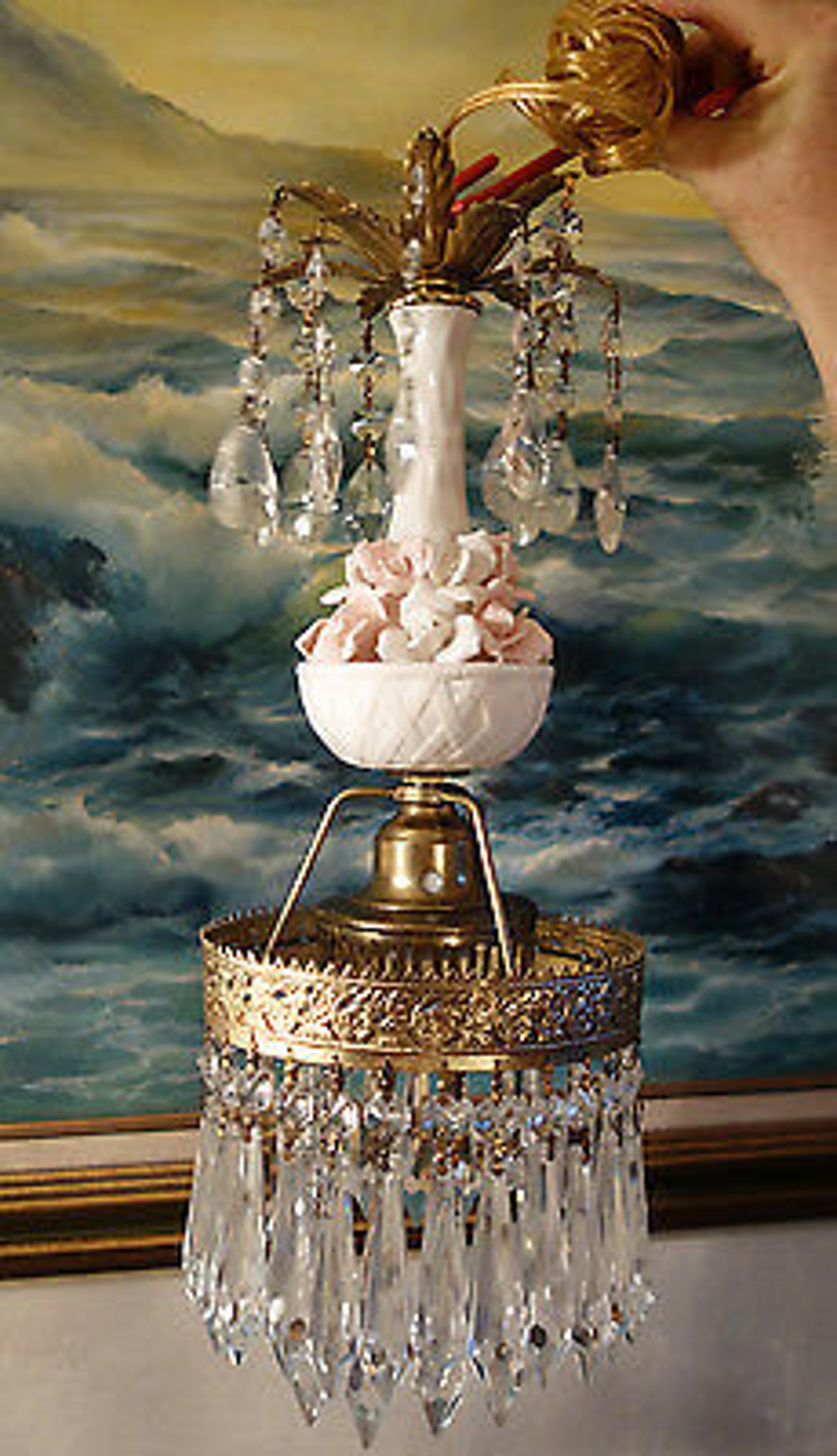 1 Swag Plugin Vintage Lamp Porcelain Pink Barbola Rose Brass Chandelier ...