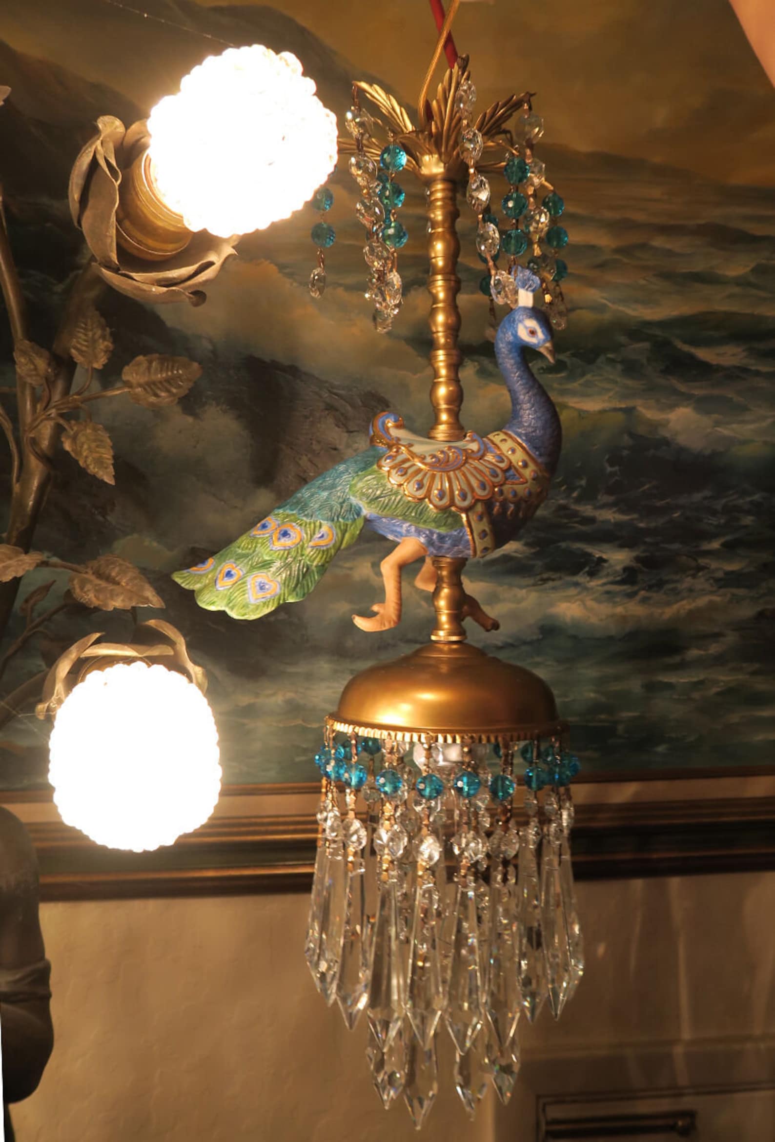 Peacock Bird Jeweled Porcelain Carousel Lamp Swag Plug Chandelier ...