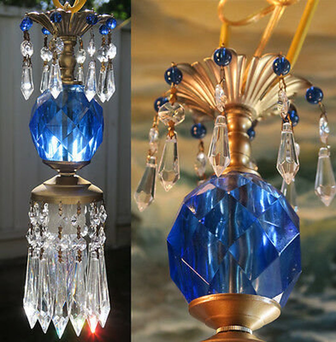 1 Lucite Sapphire Ocean Blue Swag Lamp Chandelier Crystal Beaded Prisms ...