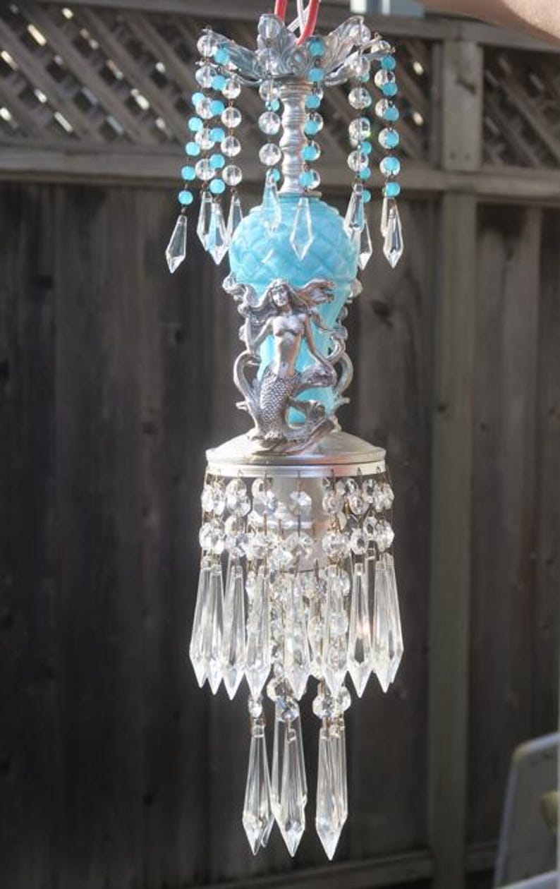 Mermaid Swag Lamp Chandelier Blue Glass Silver Crystal Opaline Bead ...
