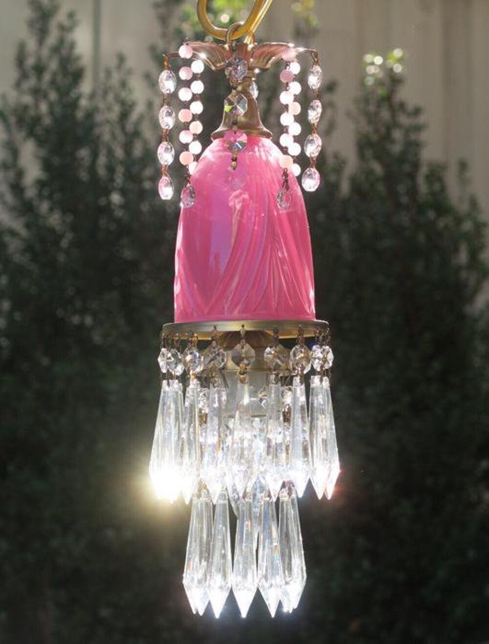 1 Vintage Rose Pink Lady Cupcake Glass Crystal Brass Swag Lamp ...
