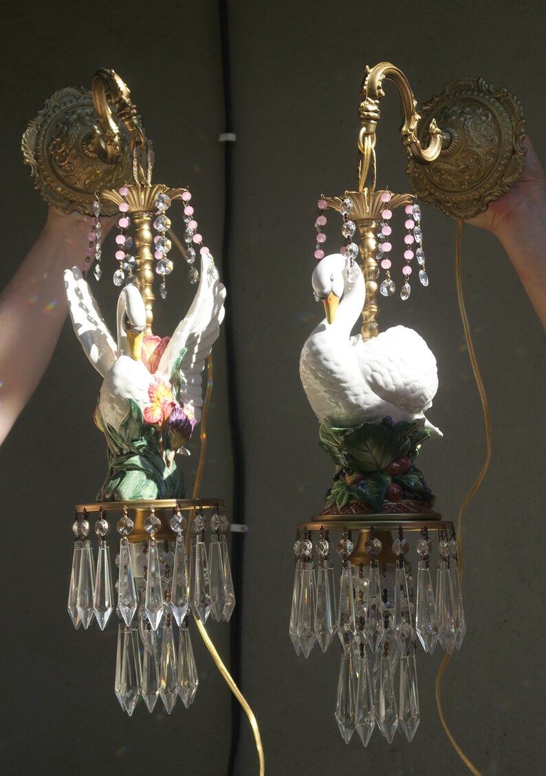 2 Sconce Royal White SWAN Brass Vintage Lamp Porcelain Crystal Prism ...
