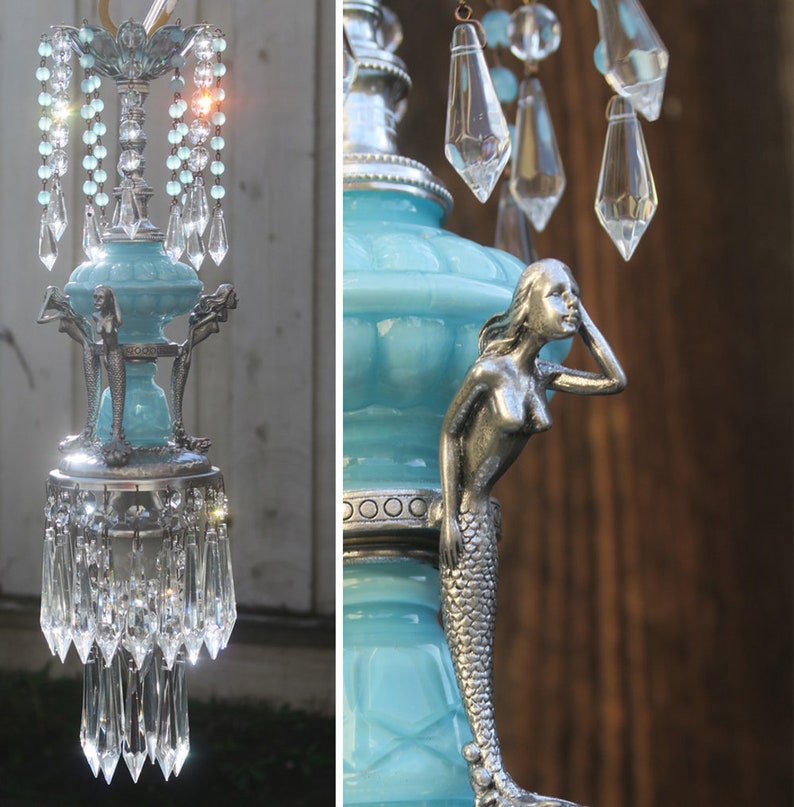 Mermaid Swag Lamp Chandelier Blue Glass Brass Silver Crystal - Etsy