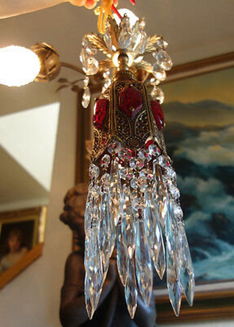1 Ruby Jeweled Tulip Filigree Mini Crystal Lamp Vintage Chandelier ...