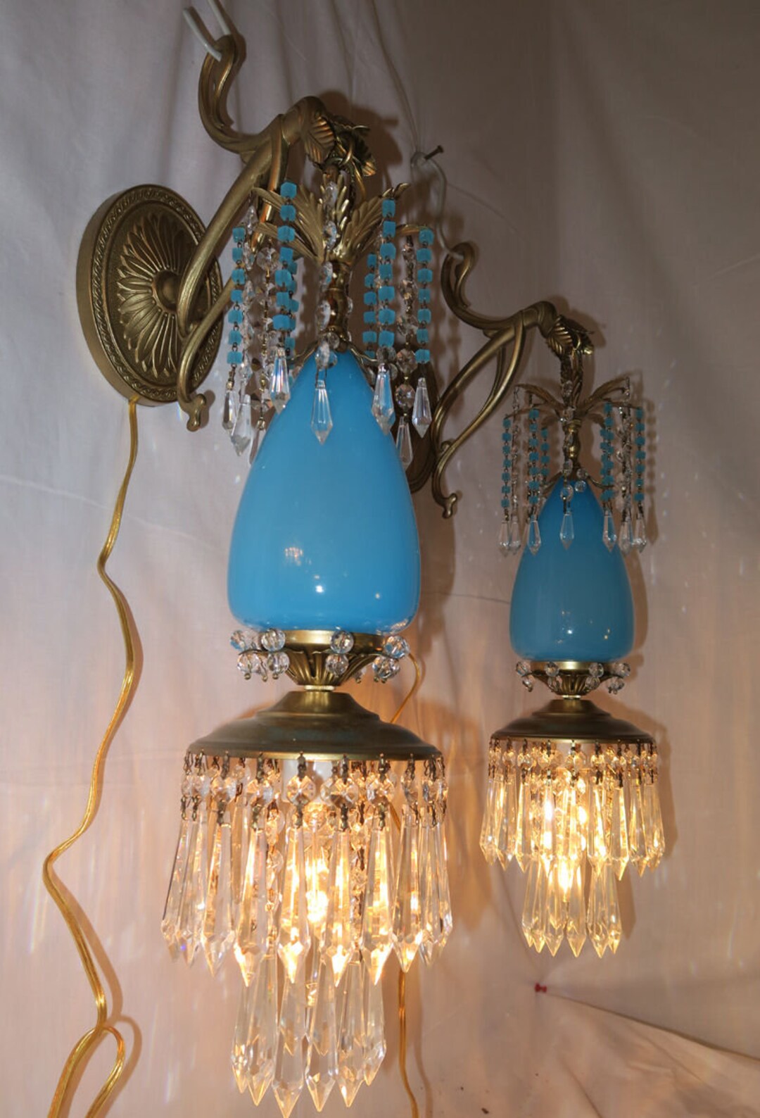2 Sconce Lamp Murano Turquoise Blue Opaline Glass Bronze Brass Crystal ...
