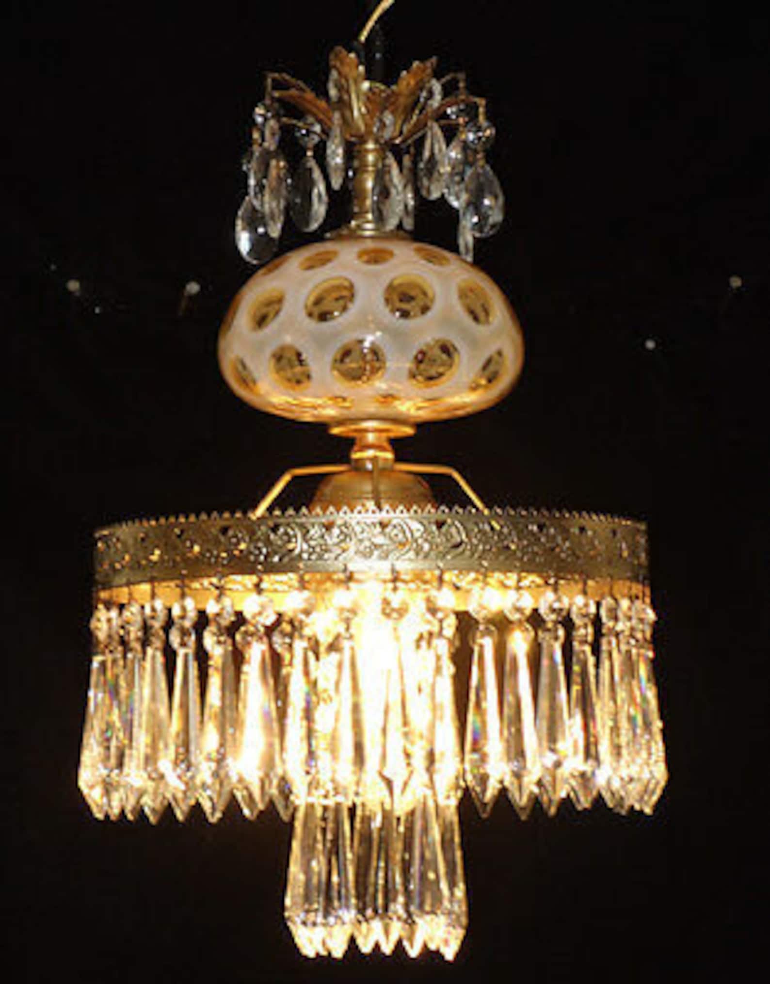 Crystal Vintage Swag Lamp Ceiling Chandelier Fenton Honeysuckle Art ...