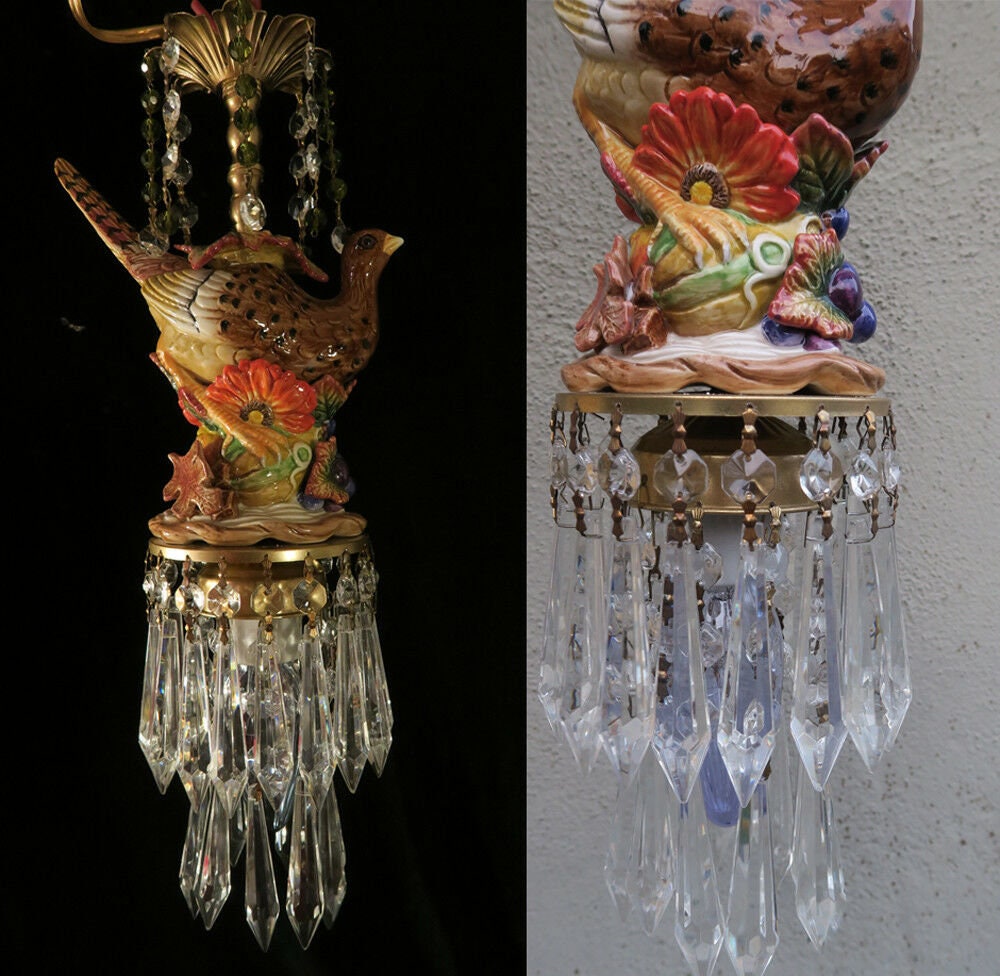 Pheasant Bird SWAG Lamp Chandelier Glass brass porcelain | Etsy