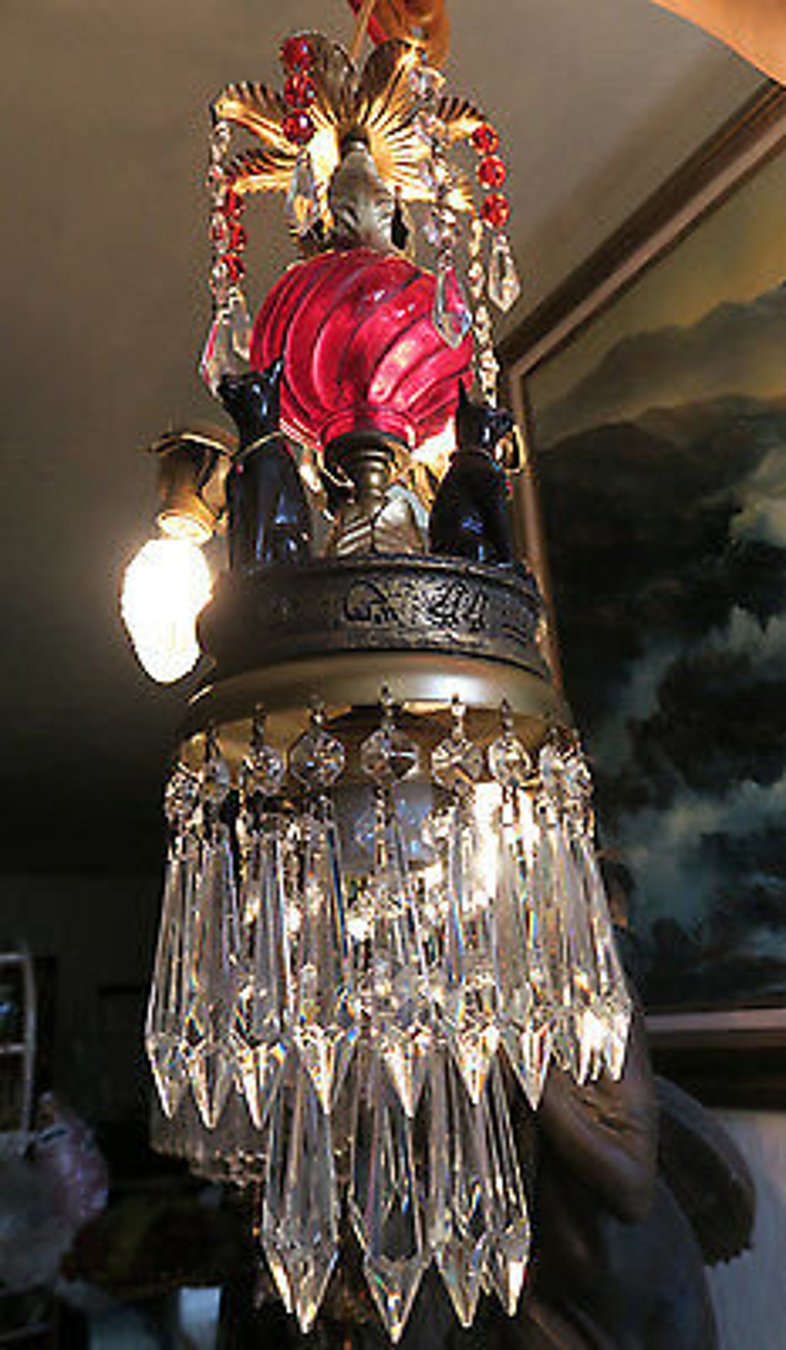 1 Egyptian Cat Chandelier Swag Lamp Ruby Glass Brass Tole Beaded ...