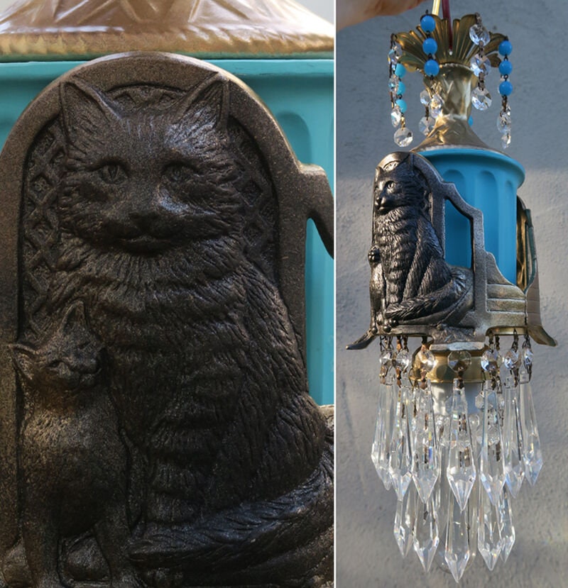 Black Cat Ceiling Lamp Chandelier Brass Tole Glass Turquoise - Etsy ...