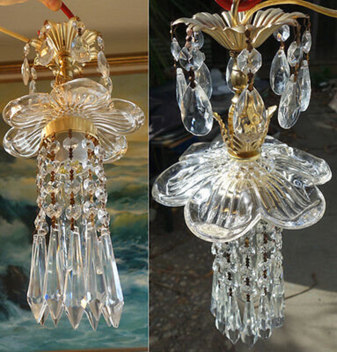 Vintage Flower Blossom Mini Lamp Chandelier Brass Tole Crystal Glass 30 ...