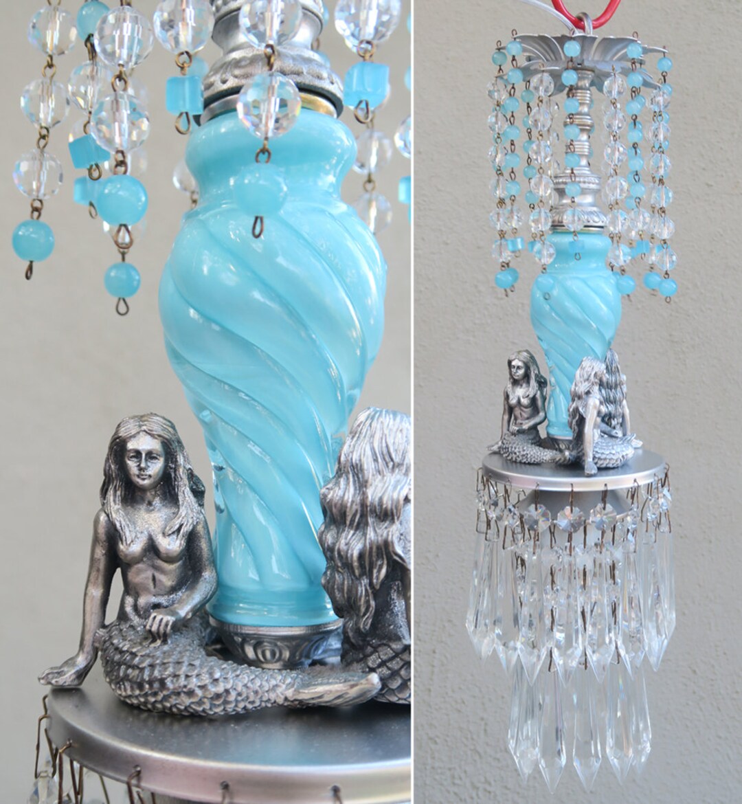 Mermaid Swag Lamp Chandelier Blue Glass Brass Silver Crystal Beads ...