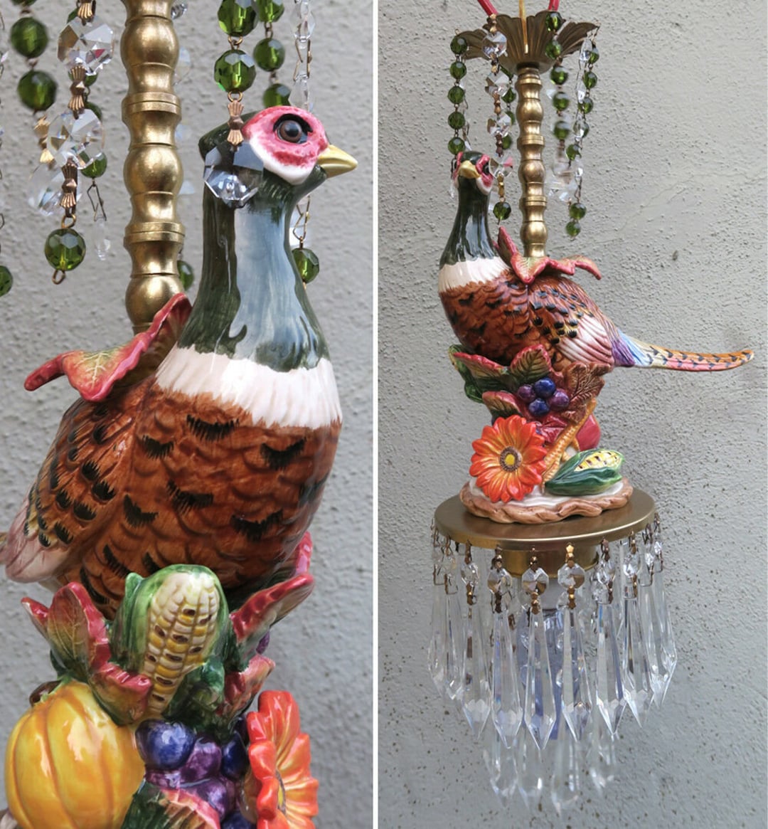 Pheasant Bird SWAG Plugin Fixture Lamp Chandelier Glass Crystals Brass ...
