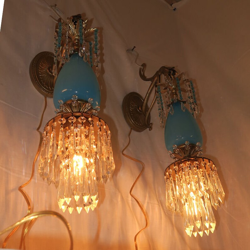 2 Sconce Lamp Murano Turquoise Blue Opaline Glass Bronze Brass Crystal ...