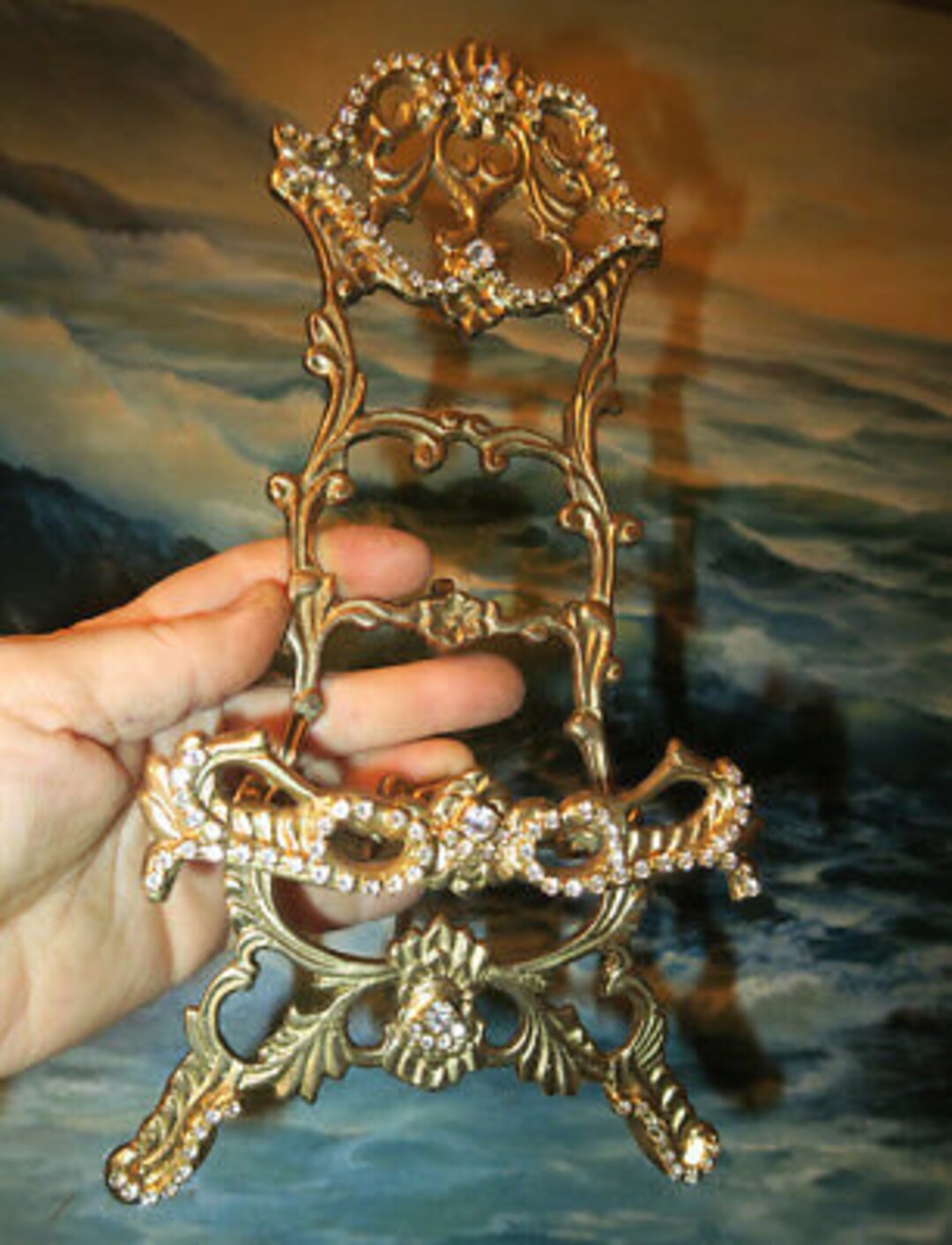 Jeweled Photo Picture Frame Easel Cast Brass for Art Work Stand Display ...