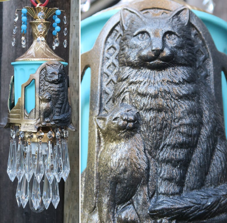 Black Cat Ceiling Lamp Chandelier Brass Tole Glass Turquoise ...