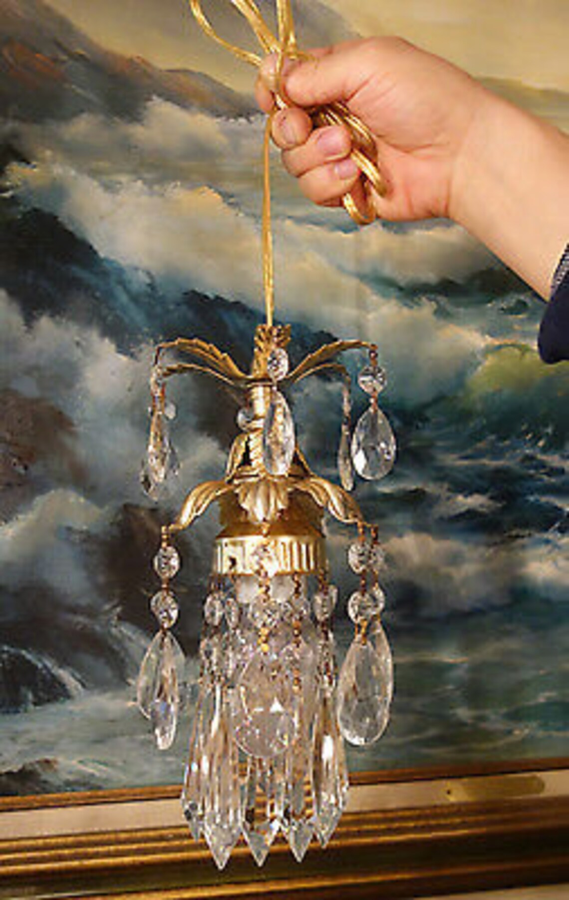 Hanging Swag Plugin Lamp Floral Motif Chandelier Crystal Prism Brass ...
