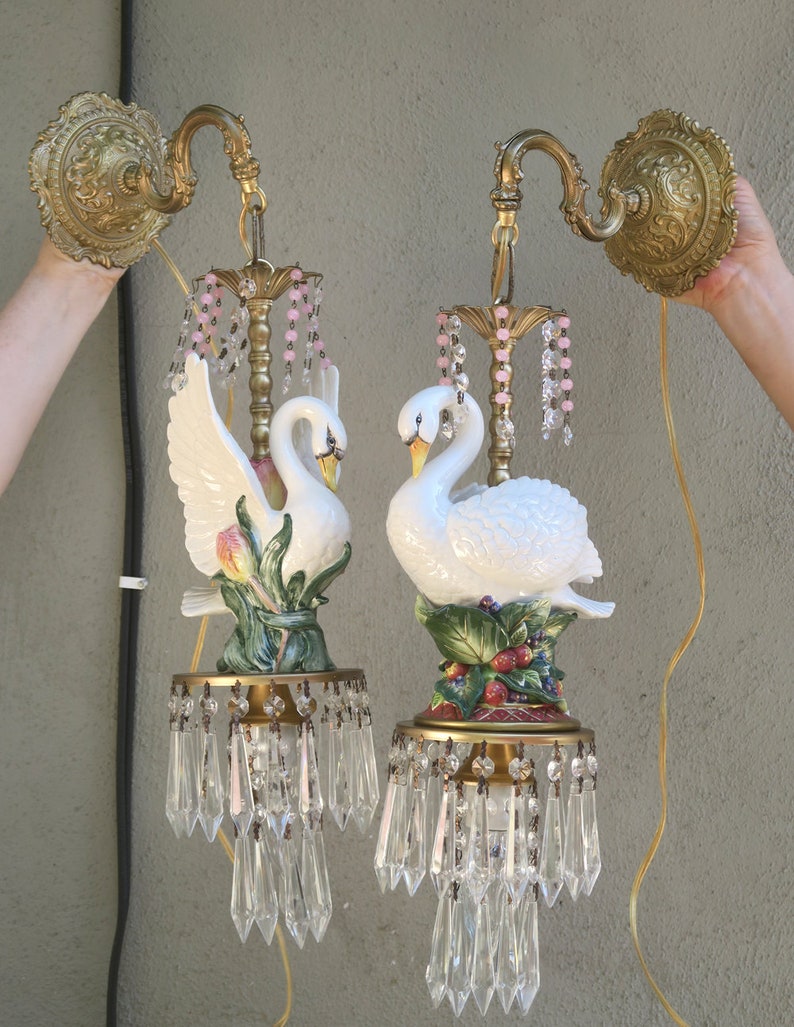 2 Sconce Royal White SWAN Brass Vintage Lamp Porcelain Crystal Prism ...