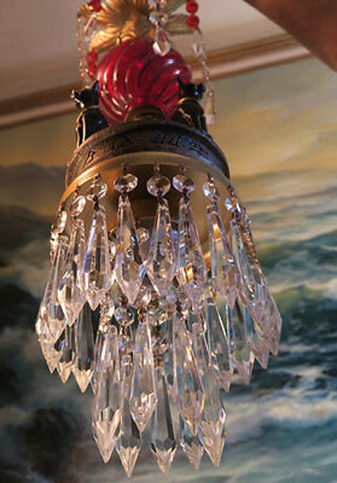 1 Egyptian Cat Chandelier Swag Lamp Ruby Glass Brass Tole Beaded ...